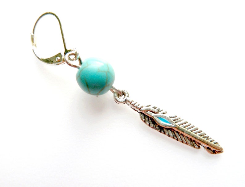 Men Dangle Earring Blue Feather Earrings Turquoise Feather Earring ...