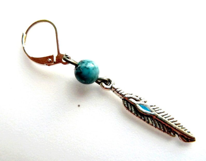 Men Dangle Earring Blue Feather Earrings Turquoise Feather Earring ...