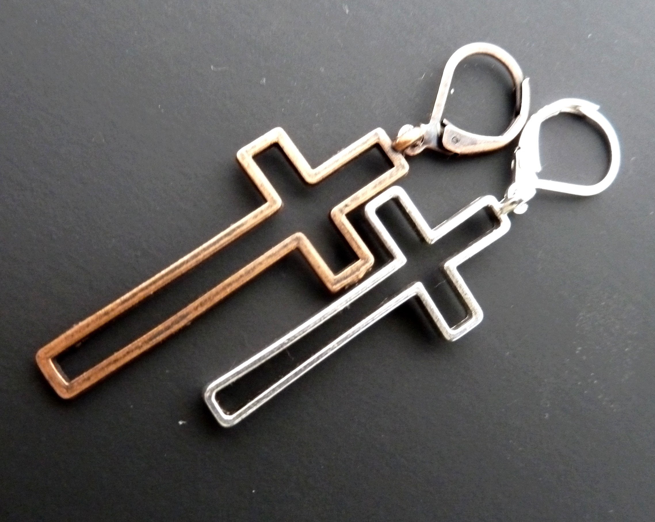 Man Dangle Earring, Cross Earring, Men Silver Earring, Man Copper ...