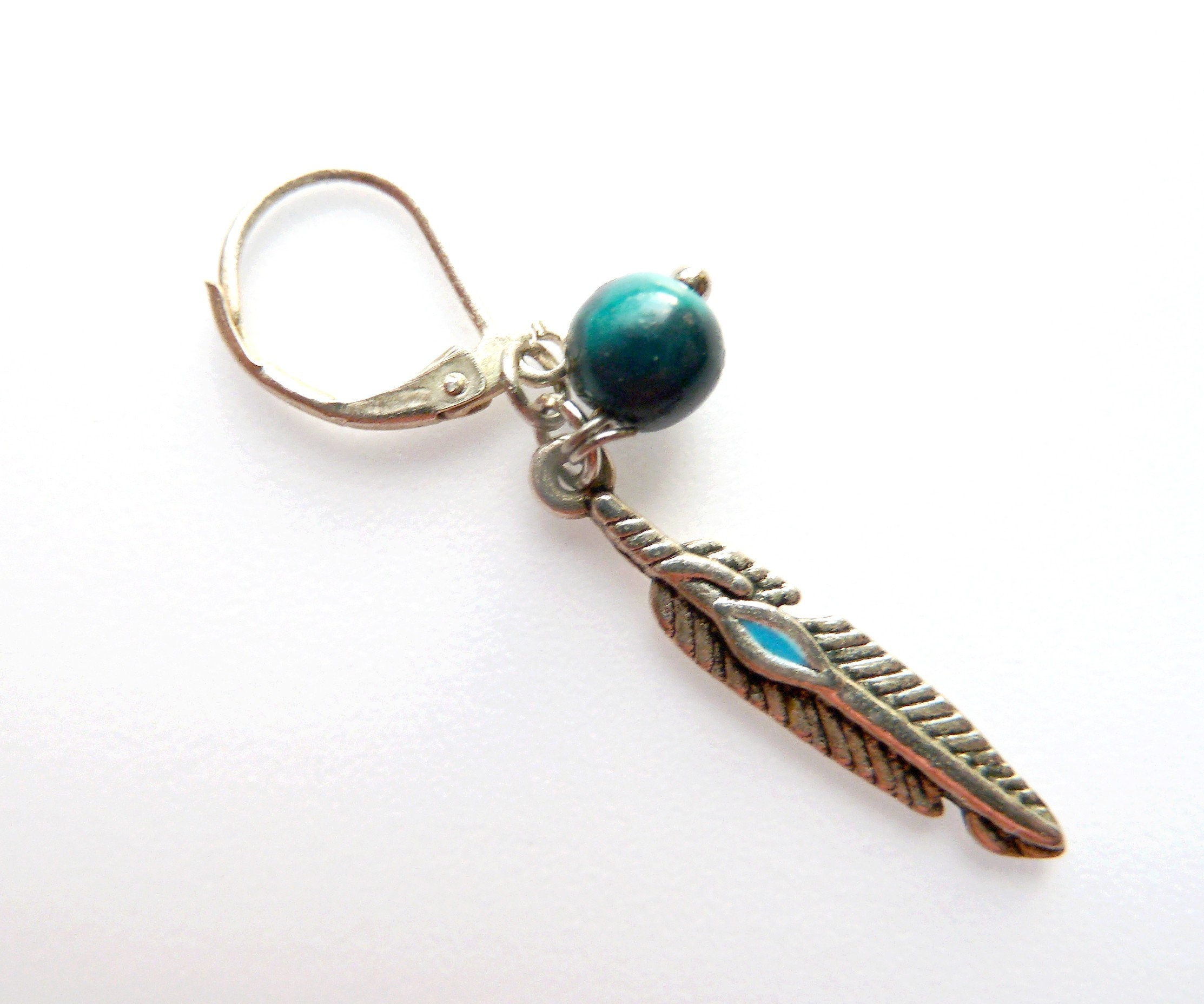 Men Dangle Earring Blue Feather Earrings Turquoise Feather Earring ...