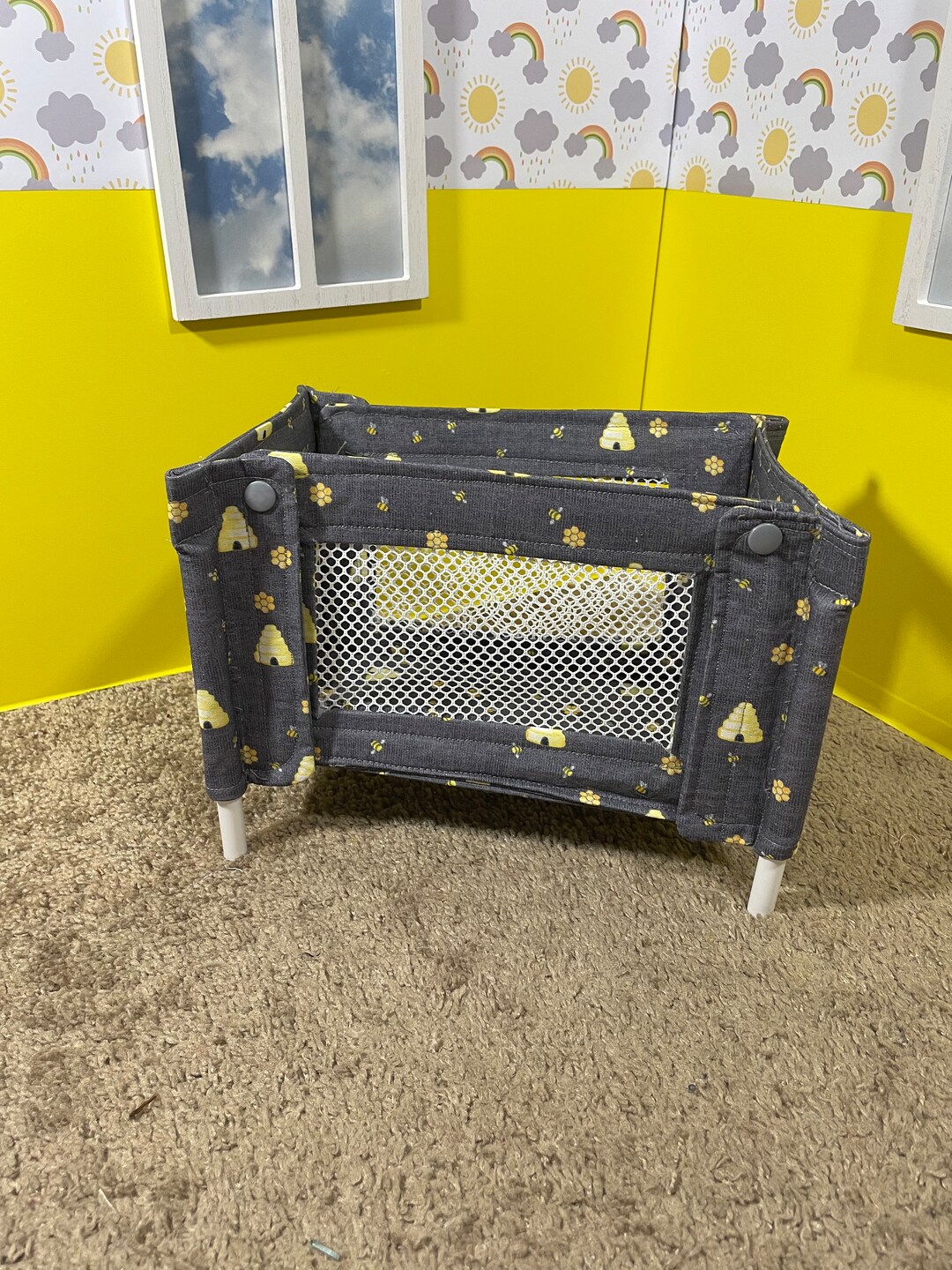 Playpen for 8 Inch Doll Gray Background With Yellow Bees and Beehives ...