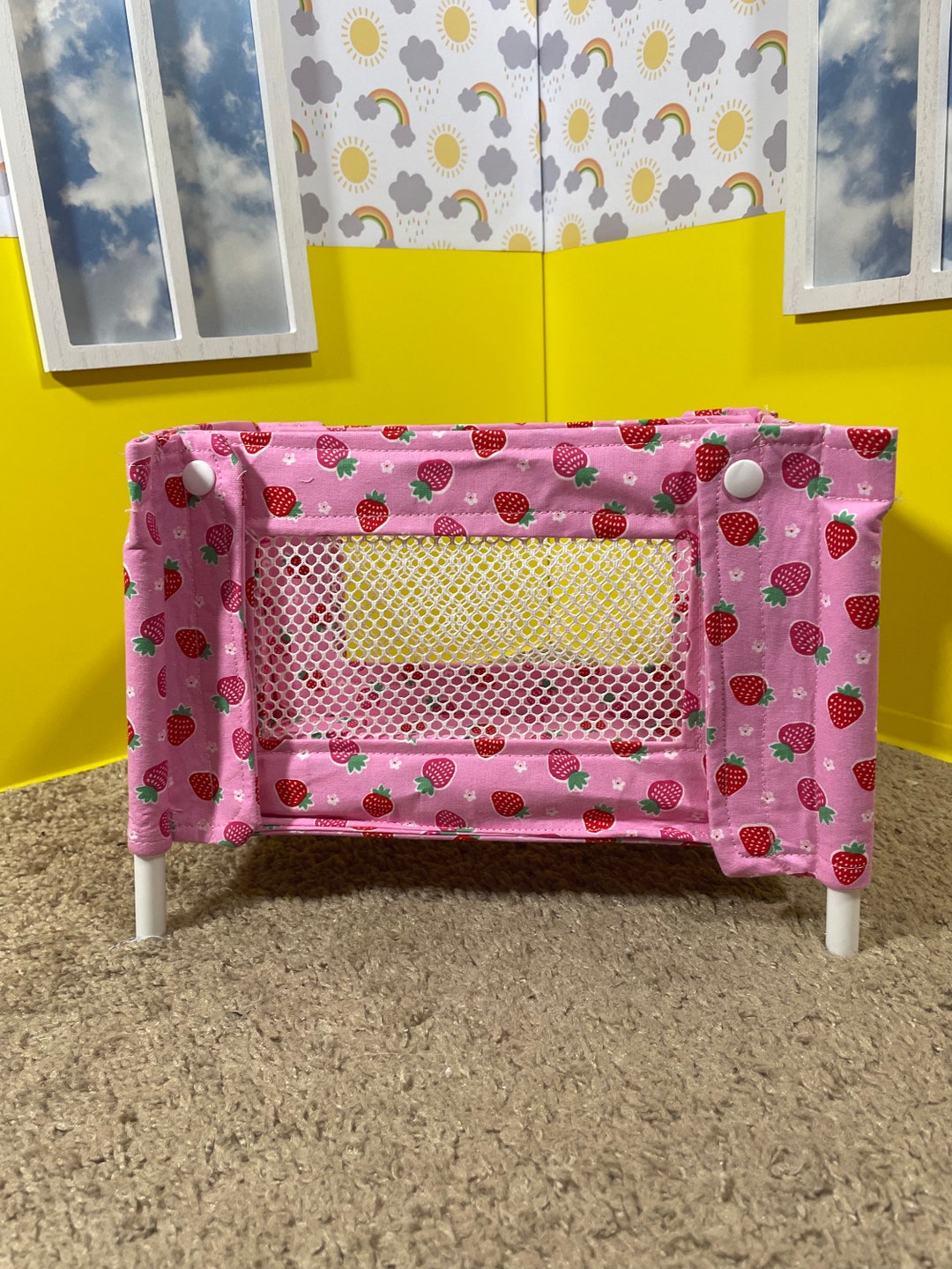 Playpen for 8 Inch Doll Pink Background With Red Strawberries - Etsy