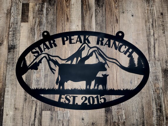 Custom Metal Farm or Family Sign Mountain Background With Cow - Etsy