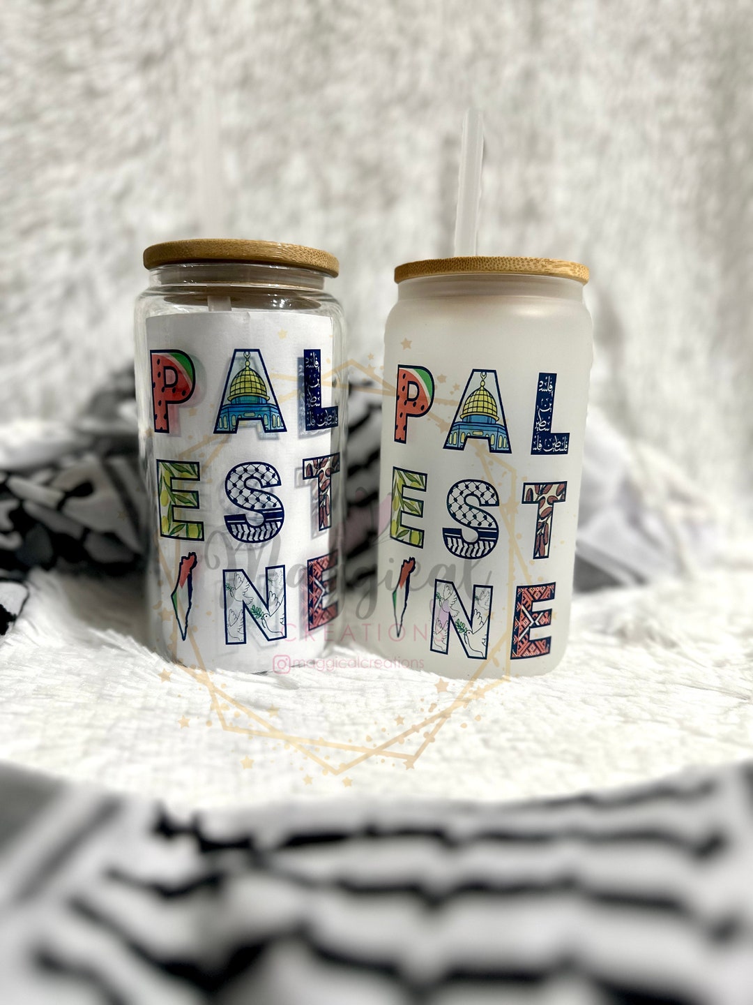PALESTINE Glass Cup With Bamboo Lids and Straws, Personalized Iced ...