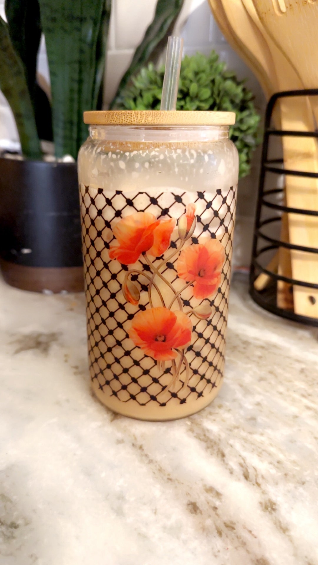 Palestine Kuffiyah/ Poppy Flower Libby Cup With Bamboo Lids and Straws, Personalized Iced Coffee ...