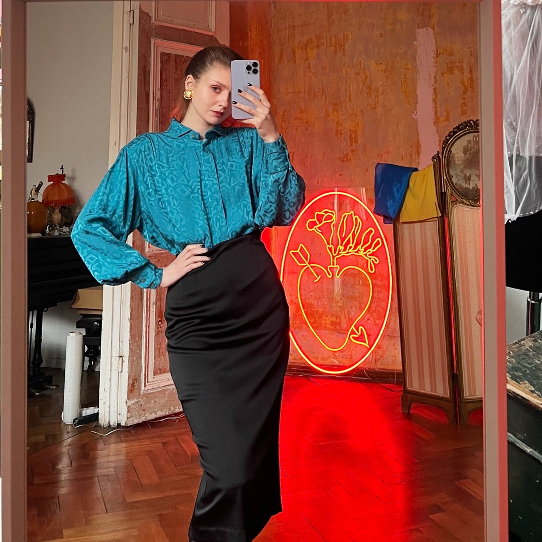 Vintage Turquoise Blouse, Blue Silky Blouse With Puff Sleeves and ...