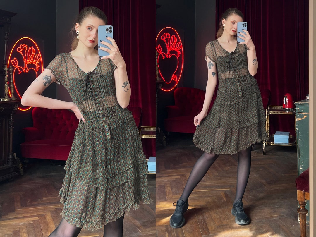 Vintage Sheer Chiffon Silk Dress, See Through Midi Dress, Transparent ...