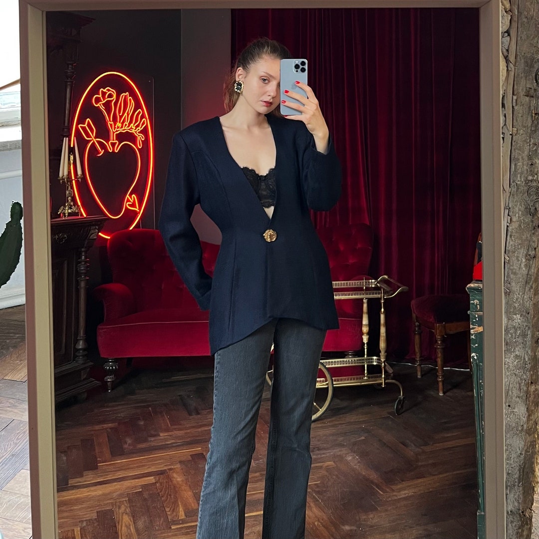 Vintage Navy Blue Wool Blazer, Italian Women's Suit Jacket, Power Suit ...