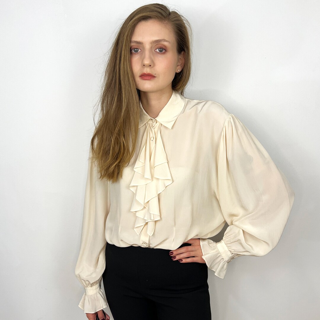 Vintage White Silk Blouse With Jabot, Cream White Ruffle Blouse, Poet ...
