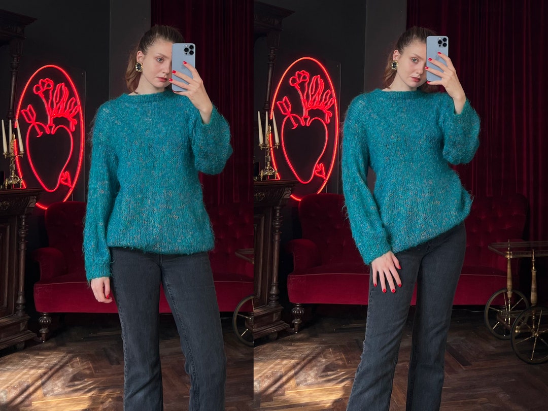 Vintage Turquoise Mohair Sweater, Oversized Hand-knitted Pullover ...