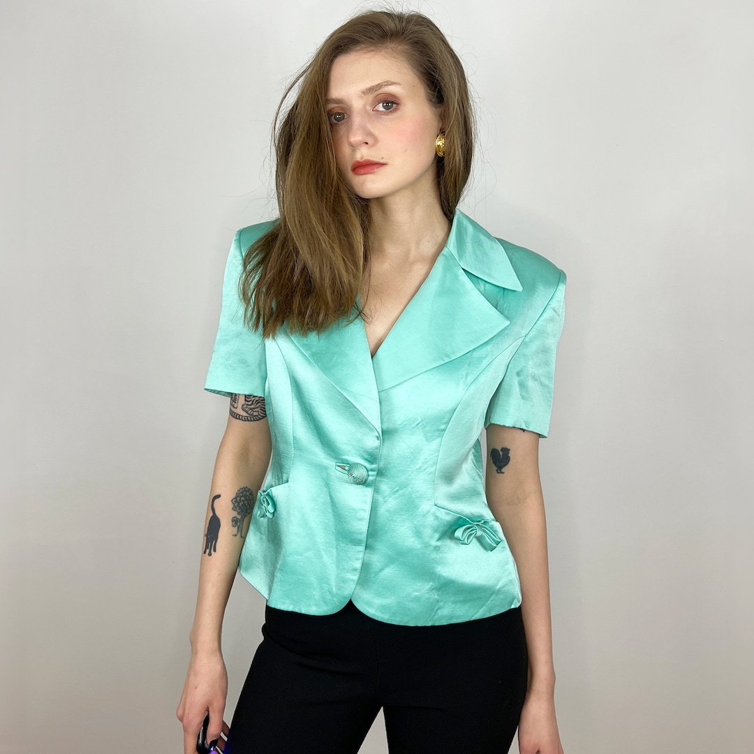 Vintage Turquoise Silky Blazer, Satin Short Sleeve Blazer - Etsy