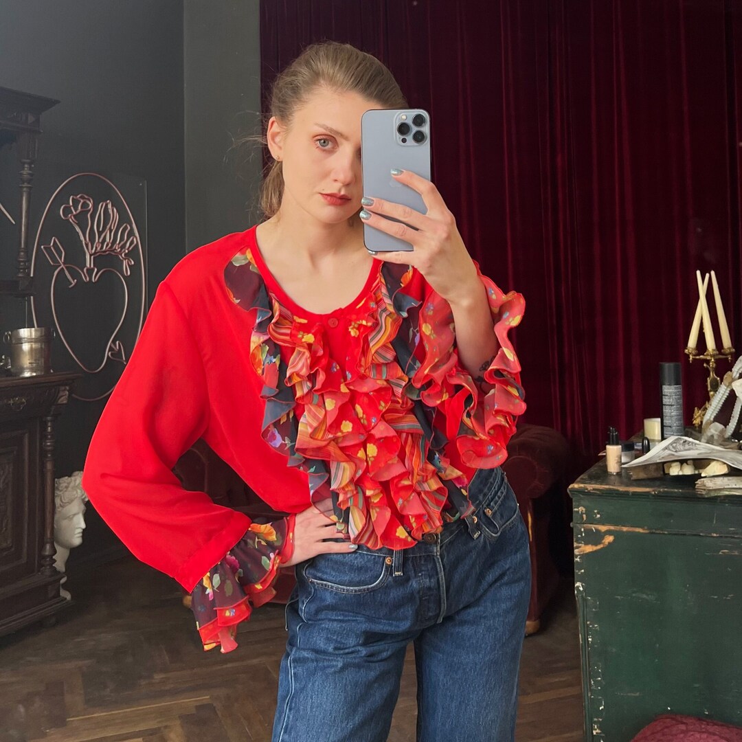 Vintage Red Ruffle Blouse, French Chiffon Blouse, Romantic Blouse ...