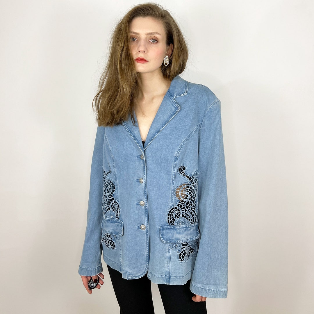 Vintage Denim Blazer, Y2k Embroidered Jean Jacket - Etsy