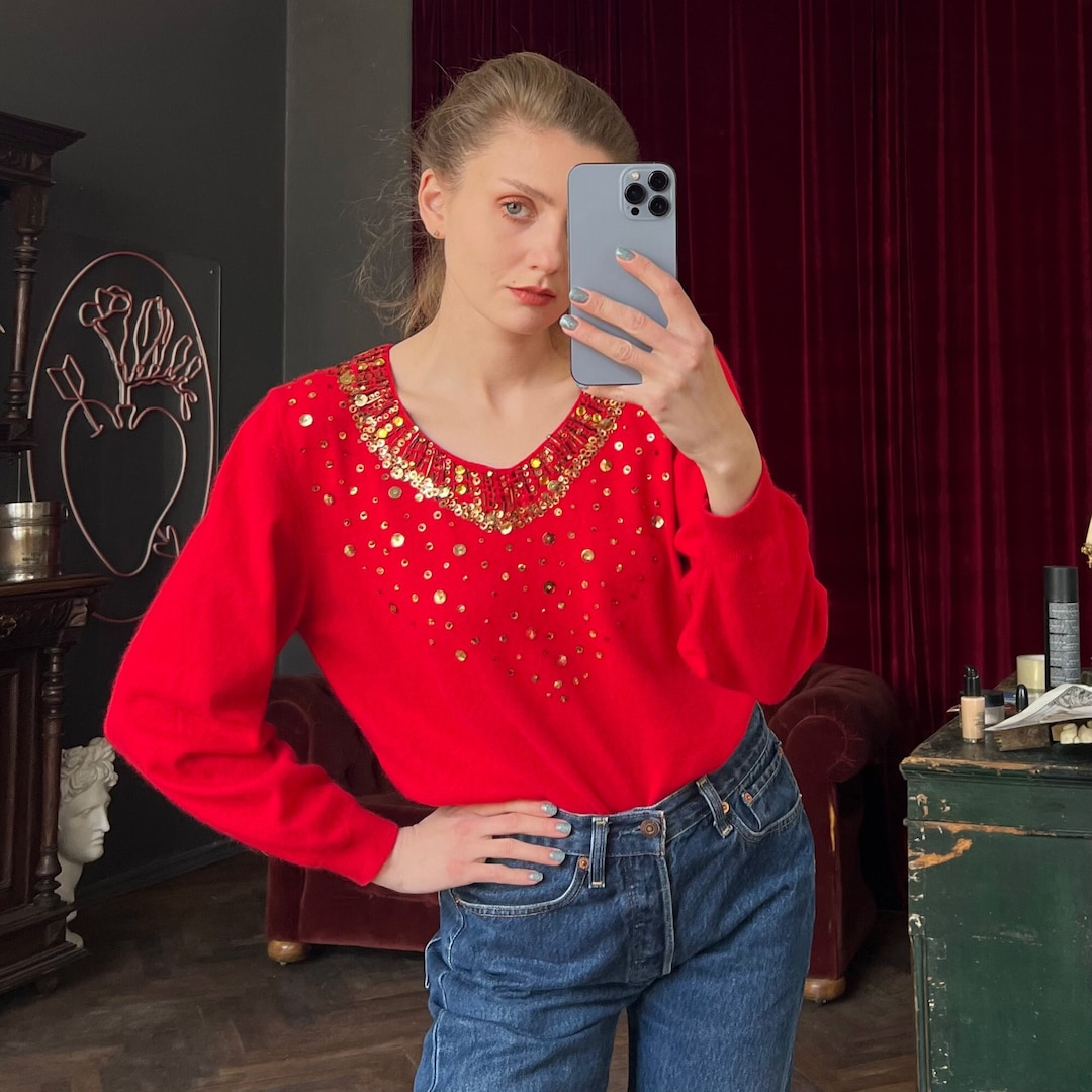 Vintage Red Angora Sweater With Embroidery, Red Wool Sweater - Etsy