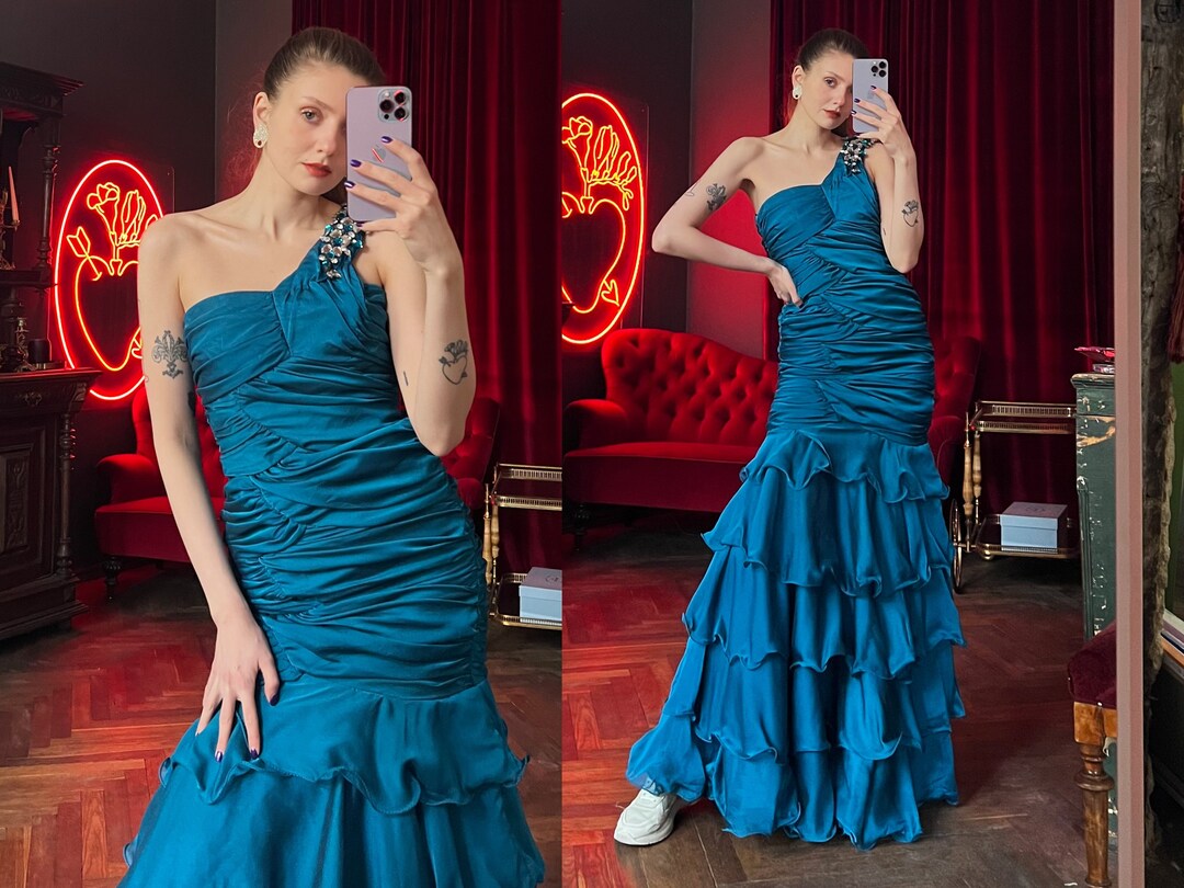 Vintage Blue Ruffle Dress With Rhinestone Strap, Tiered One Shoulder ...