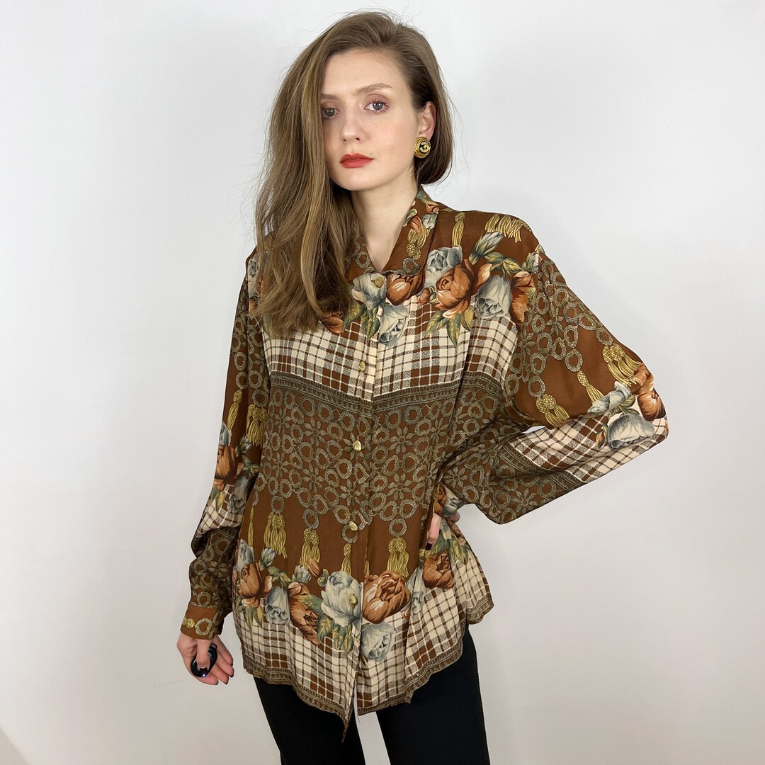 Vintage Baroque Blouse, Italian Silk Blend Shirt, Oversized Novelty ...