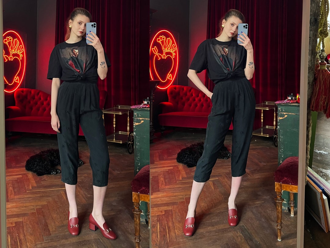 Vintage Black Silk Capri Pants Tapered Cropped Pants High - Etsy