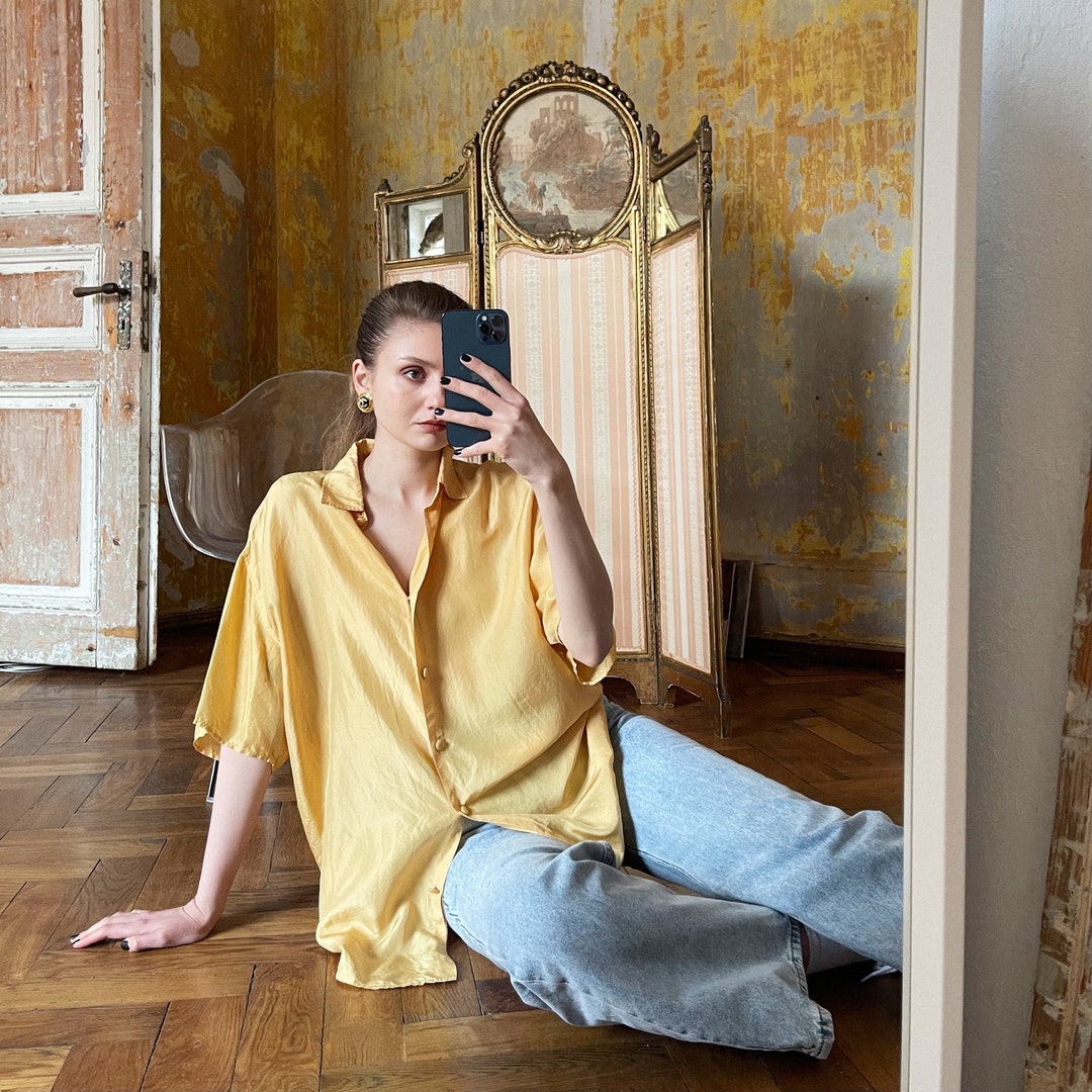 Vintage Short Sleeve Mustard Yellow Silk Blouse, Yellow Silk Shirt - Etsy