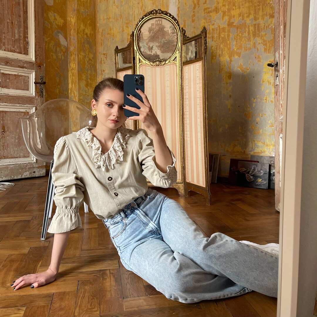 Vintage Grey Ruffle Blouse, Cotton Peasant Blouse - Etsy