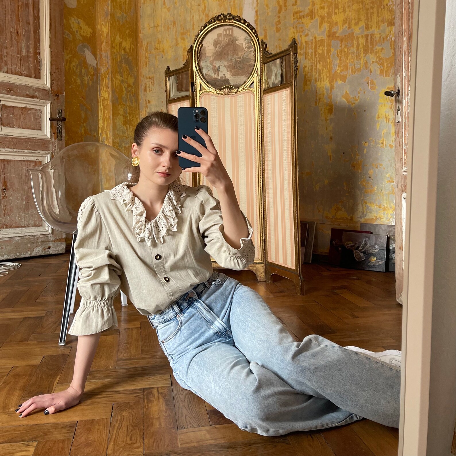 Vintage Grey Ruffle Blouse Cotton Peasant Blouse - Etsy