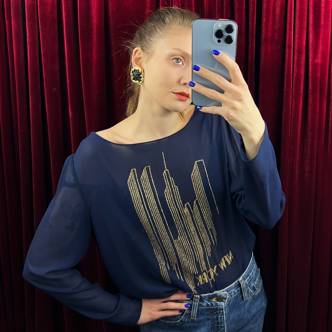 Vintage Navy Blue Sheer Blouse, Embellished Chiffon Blouse - Etsy