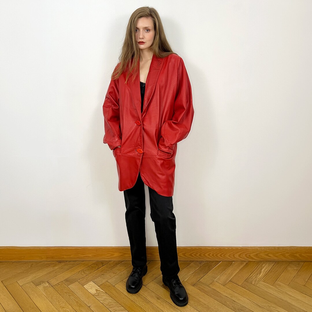 Vintage 80s Red Leather Jacket With Red Lip Buttons, Genuine Leather ...