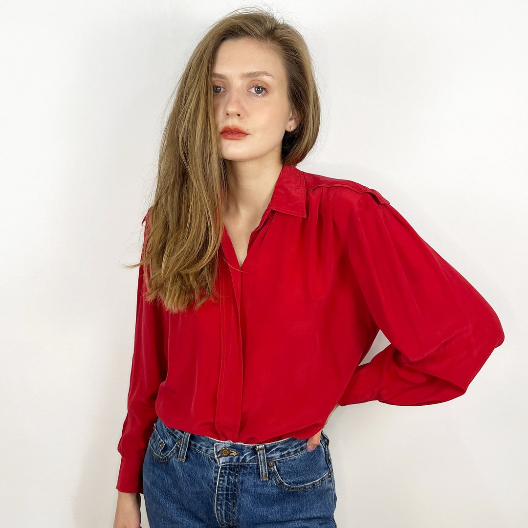 Vintage Red Silk Blouse With Shoulder Straps, Bishop Sleeve Red Long ...