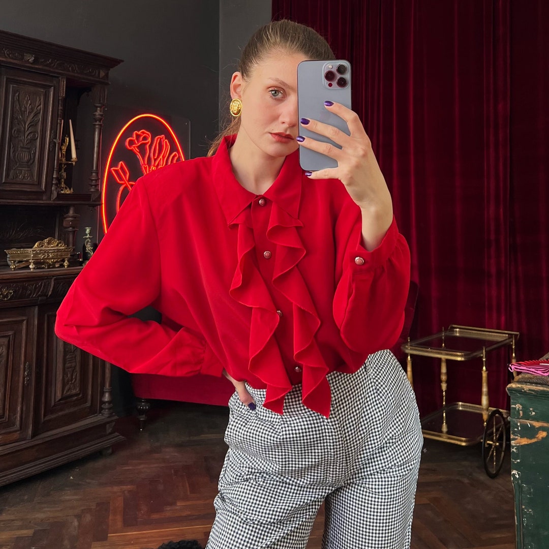 Vintage Red Ruffle Blouse, Chiffon Blouse, Romantic Blouse, Jabot ...