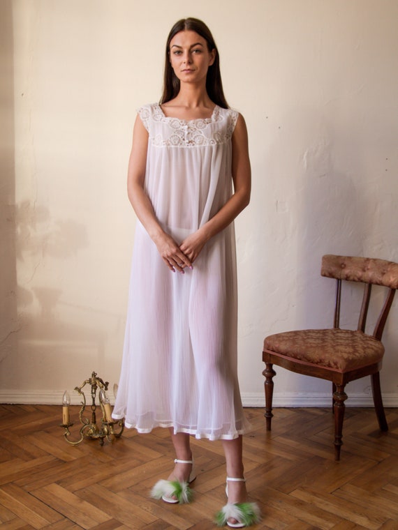 Vintage Nightgown White Negligee Sheer Nightdress Gem