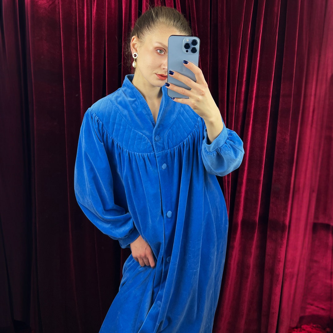 Vintage Blue Velvet Dressing Gown Button up Velvet Robe - Etsy
