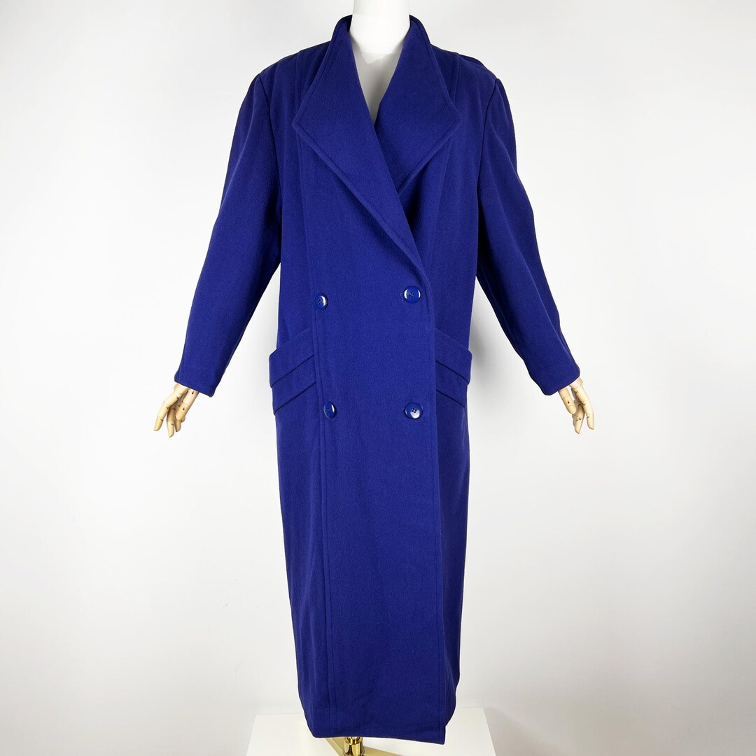 Vintage Electric Blue Pure New Wool Coat, Double Breasted Long Winter ...