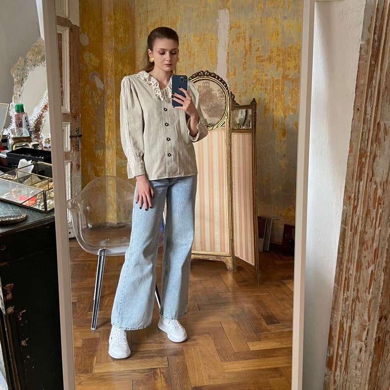 Vintage Grey Ruffle Blouse Cotton Peasant Blouse - Etsy