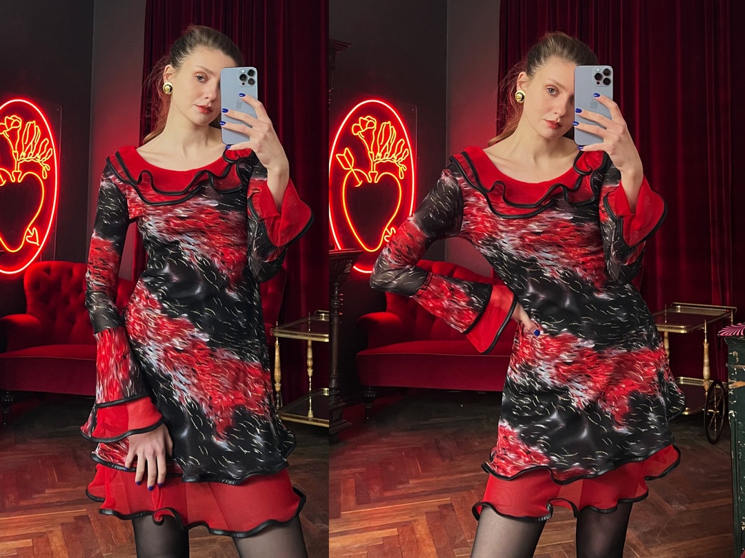 Vintage Mesh Dress With Ruffles and Bell Sleeves, Black and Red Short ...