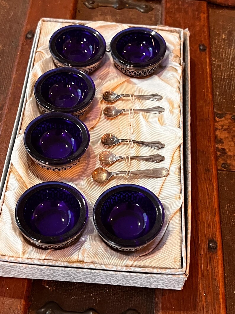 6 Cobalt Glass Salt Cellars in Sterling Holder With Original Sterling ...
