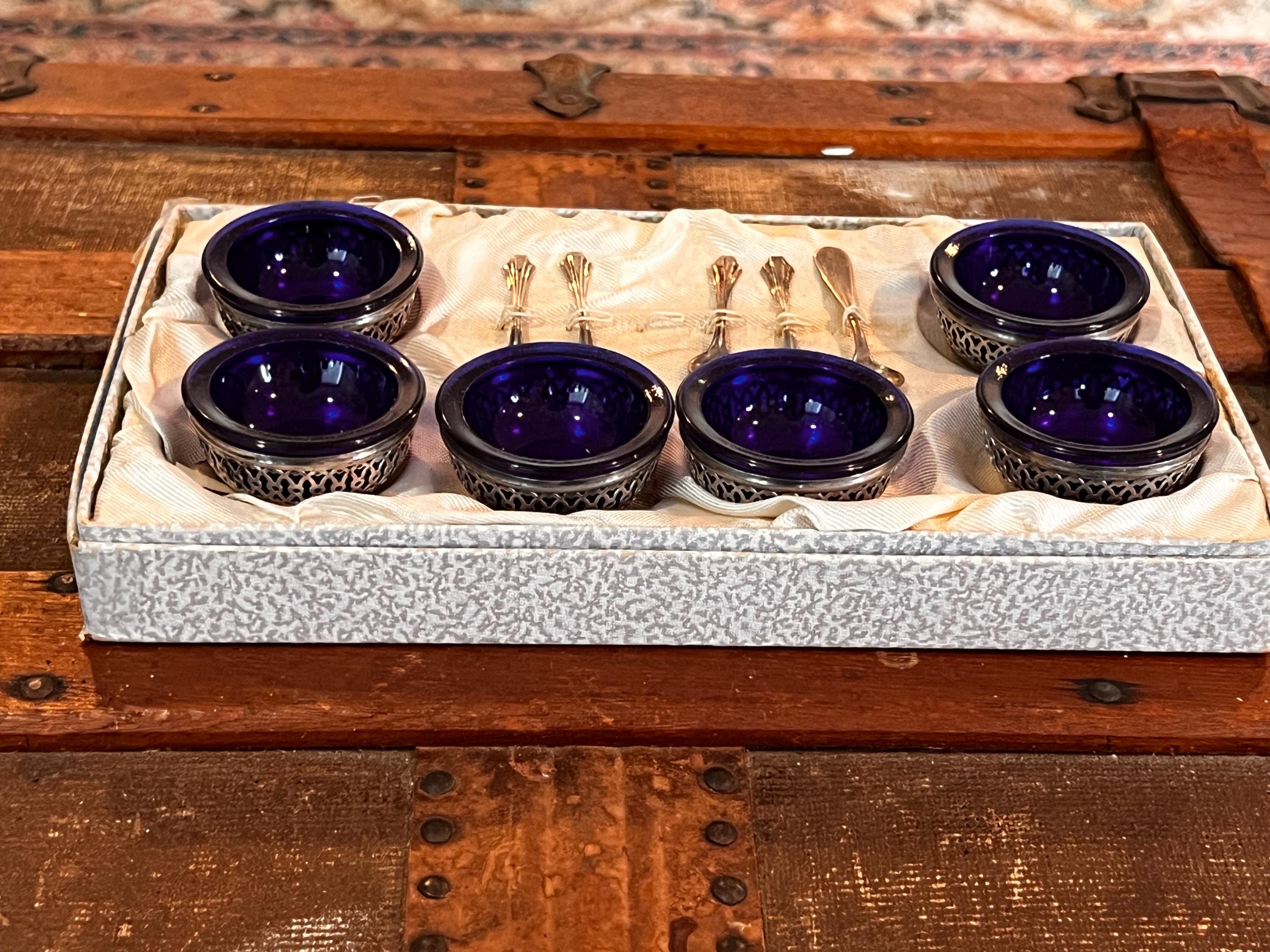 6 Cobalt Glass Salt Cellars in Sterling Holder With Original Sterling ...