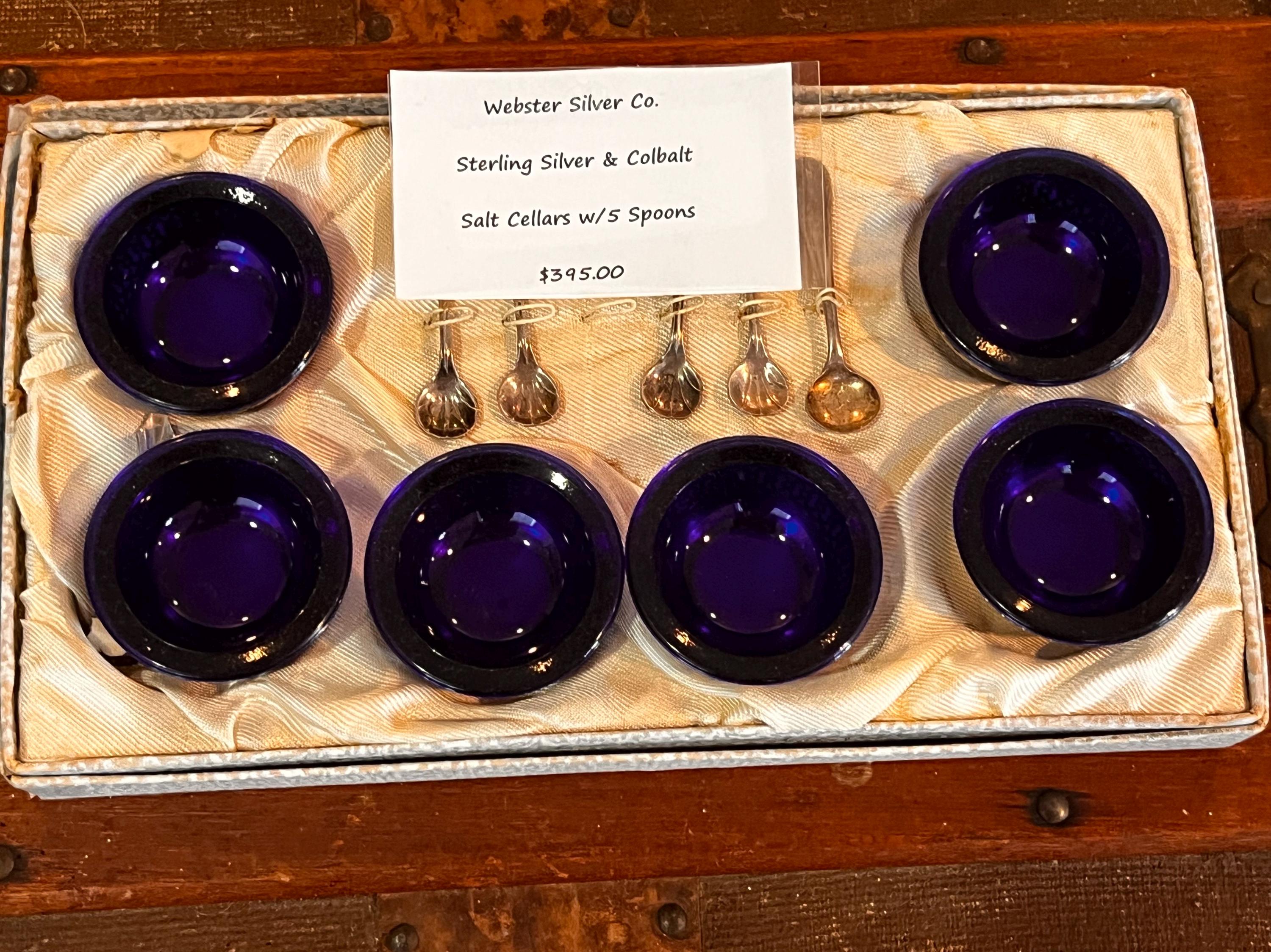 6 Cobalt Glass Salt Cellars in Sterling Holder With Original Sterling ...