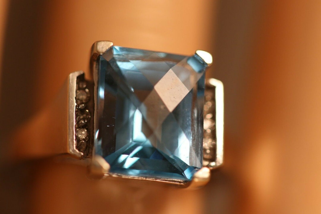 Ema 10k White Gold Checkerboard Style Emerald Cut Blue Topaz & Diamond ...