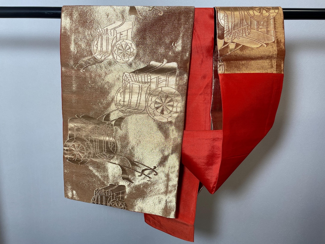 Gold Japanese Ox Cart 0048 / Gorgeous Silk Kimono Obi Belt With High ...