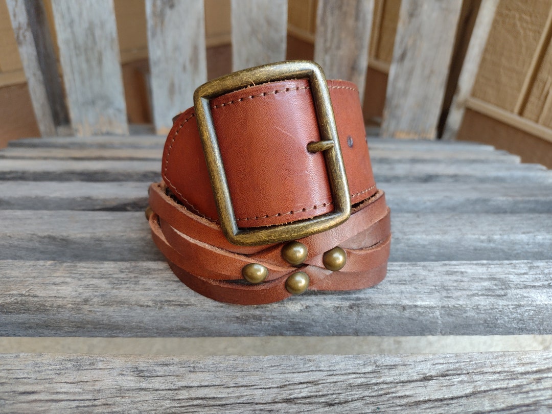 Brown Woven Leather Belt With Studs Retro Vintage Clothing Accessory ...