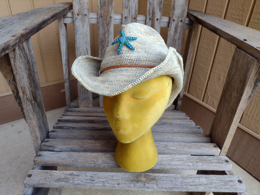 Jaden Rael Woven Raffia Hat With Adjustable Leather Band and Blue ...