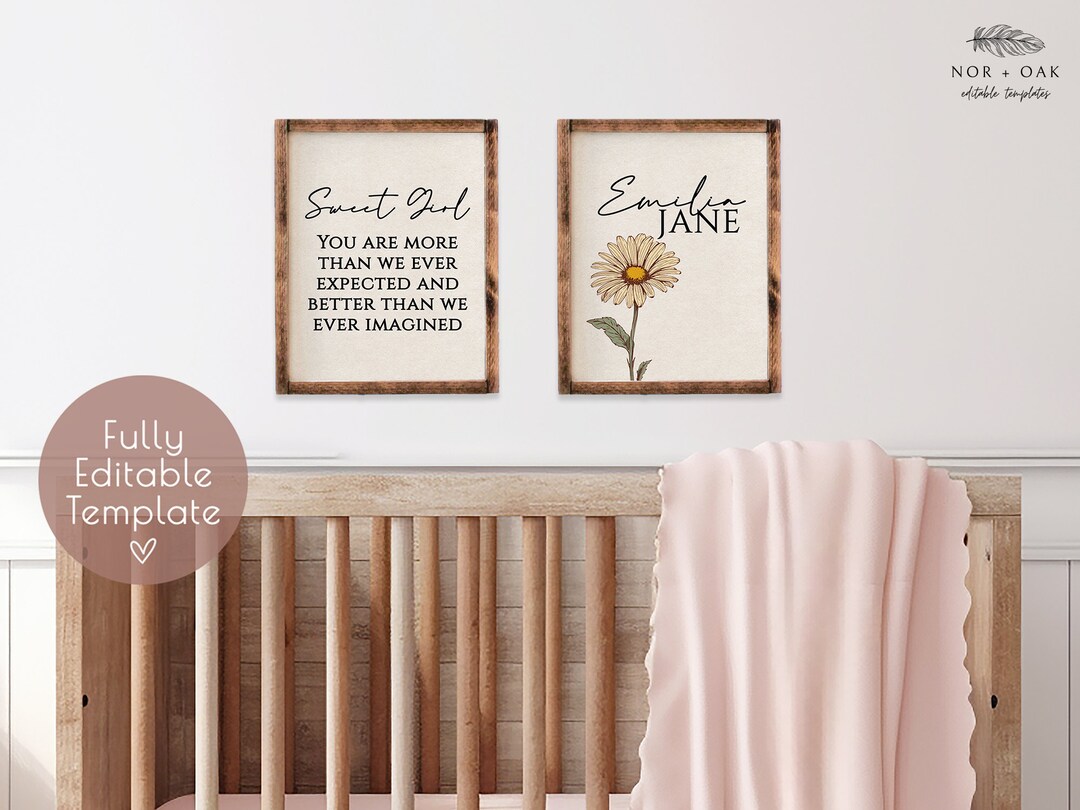 Birth Flower Nursery Sign Printable, Sweet Girl Sign, Custom Baby Name ...