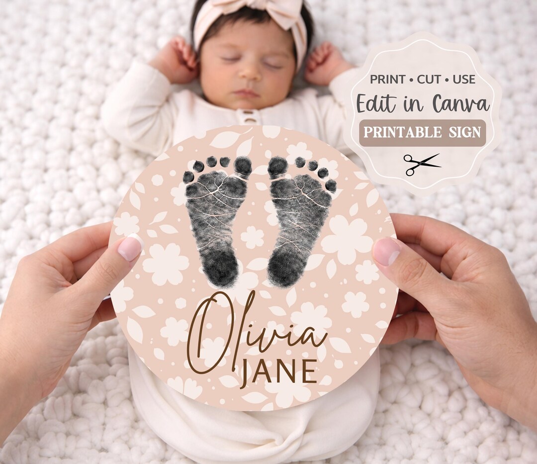 Printable Baby Footprint Name Sign, Canva Editable Floral Birth ...