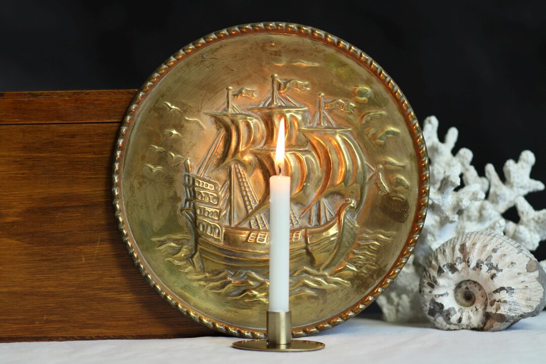 Vintage Brass Wall Hanging. Ship Design. Round. Medium Sized. Moulded ...