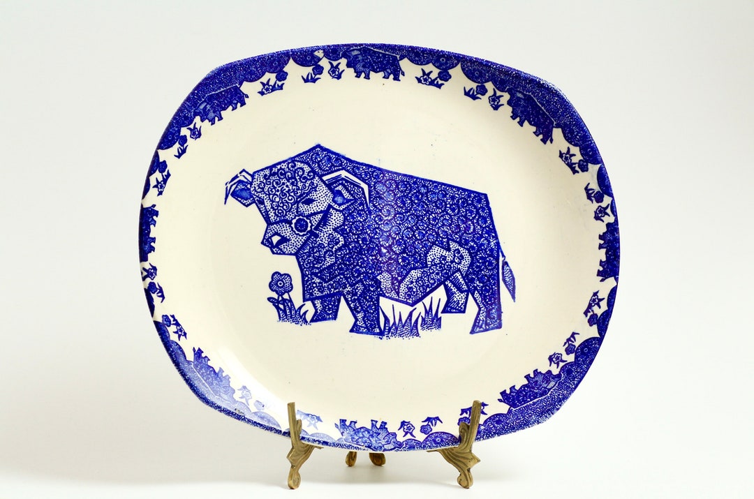 Midcentury Ironstone Serving Dish. Vintage Bull Design. Blue and White ...