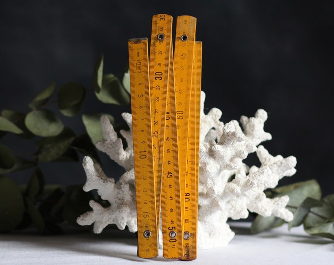 Mid-century Wooden Folding Ruler. 1m. Yellow. Brass Joints. Measuring ...