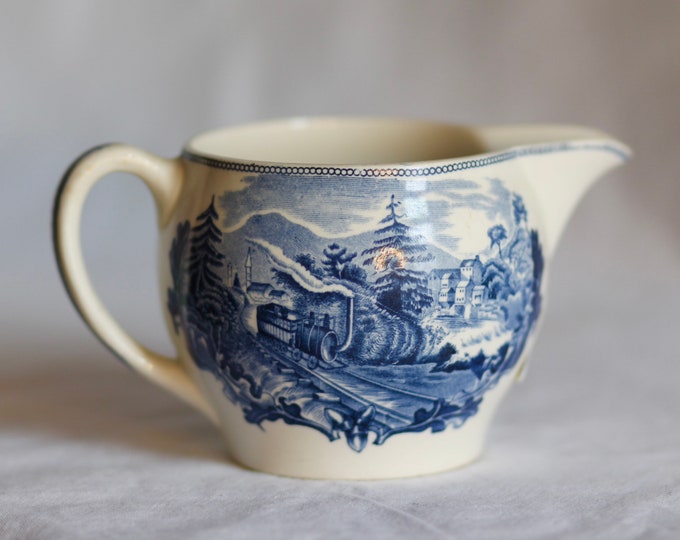 Vintage Blue and White Milk Jug. ‘railroad Little Falls’ From ‘historic ...