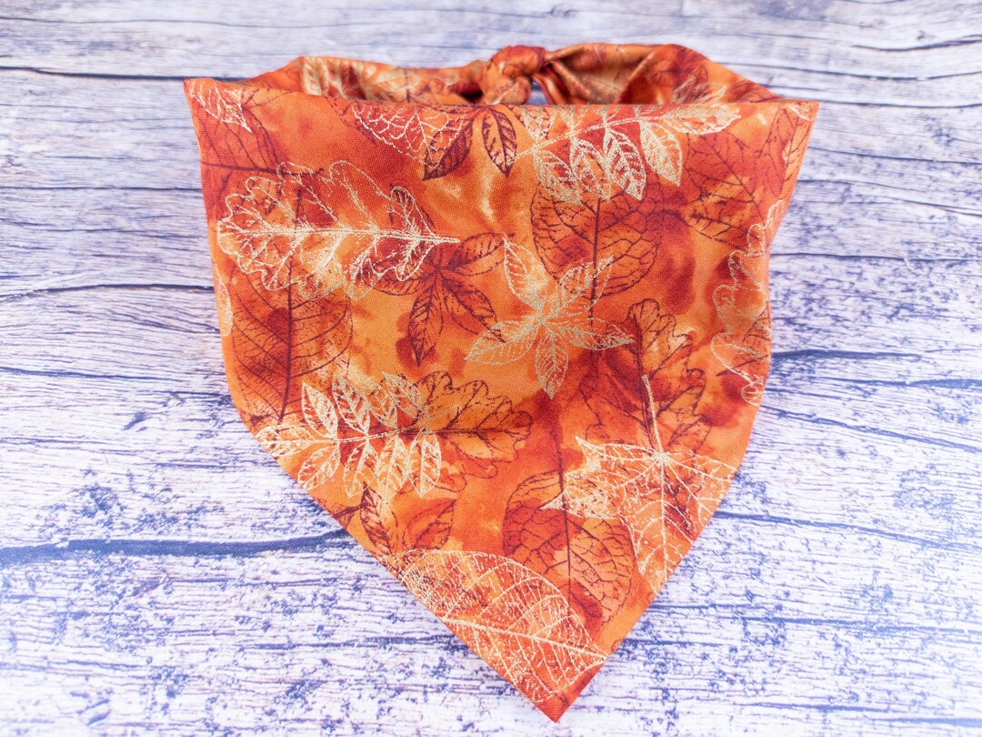 Orange Fall Leaf Dog Bandana | Metallic Gold Accent Tie on Dog Scarf ...