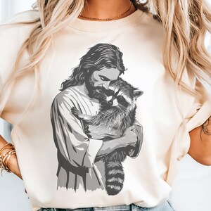 Funny Raccoon Shirt Png Jesus With Racoon Vintage Retro Trendy Design ...