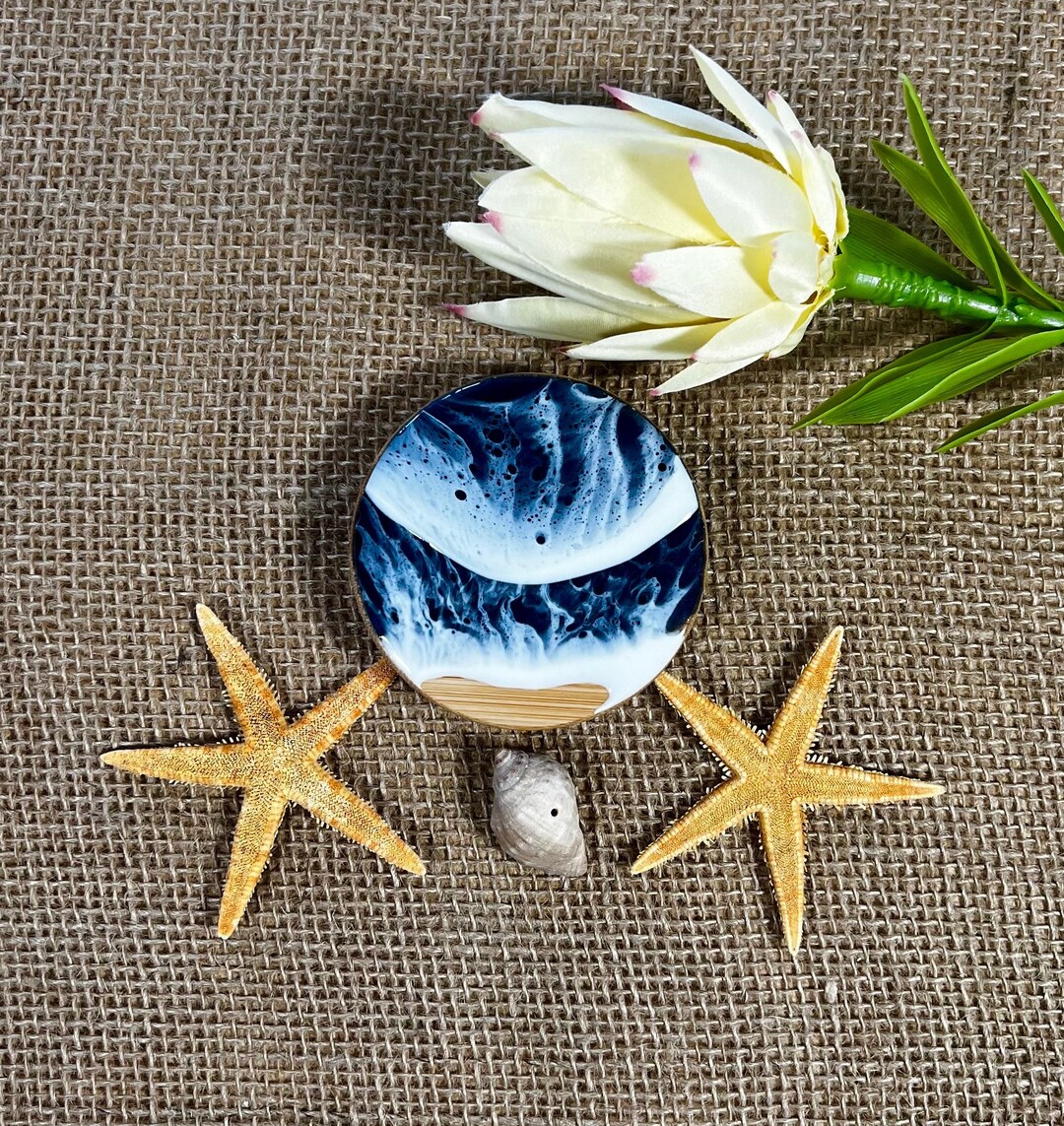 Ocean Wave Bamboo Lid Glass Container, Resin Beach Art Lid, Ocean ...