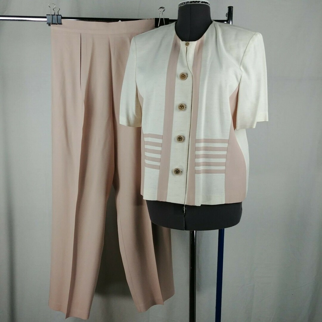 Perceptions Pink & Cream Womens Suit Set Pleated Pants Button up Blouse ...